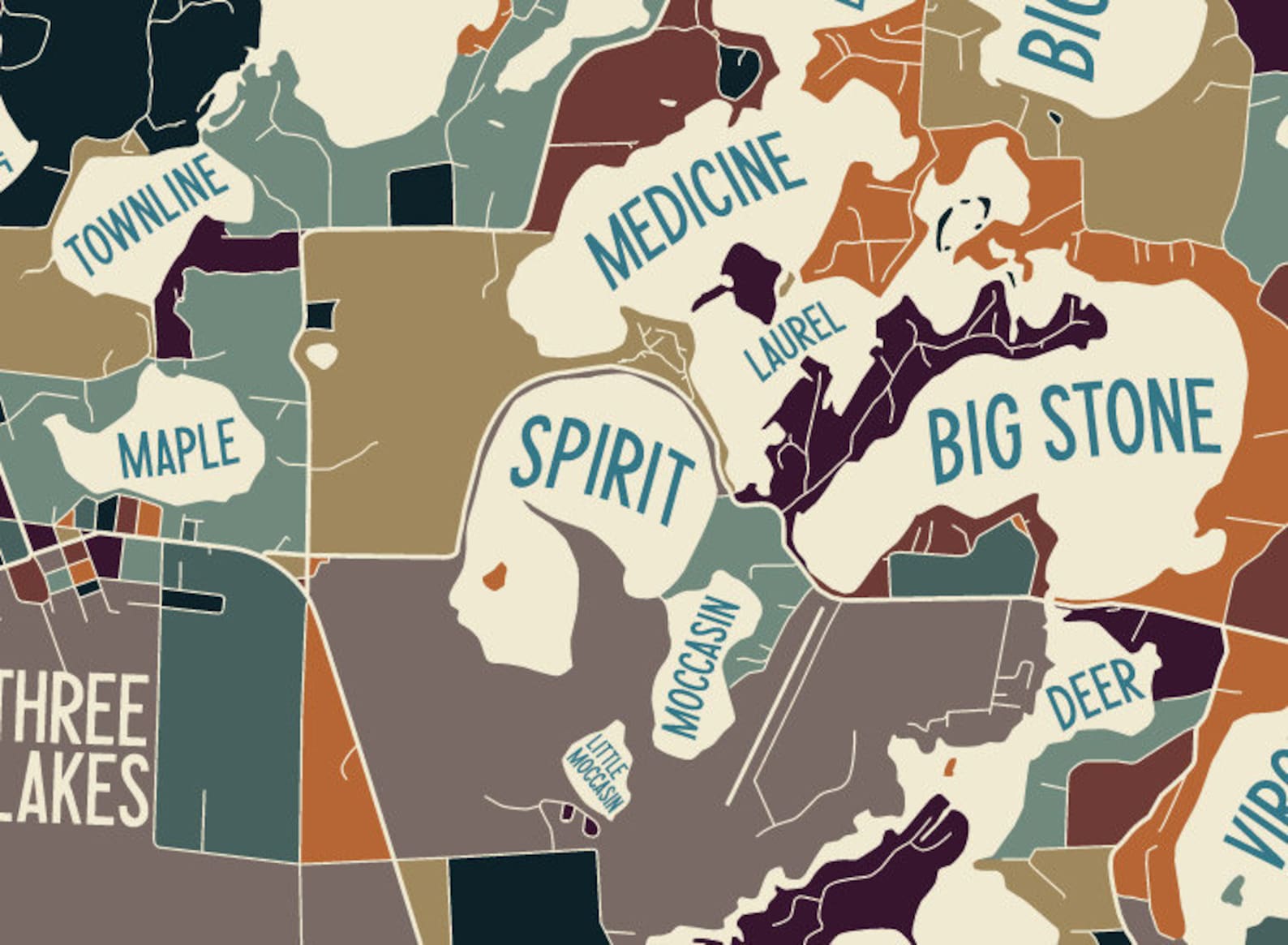 Three Lakes Chain of Lakes Wisconsin Art Map Print Oneida | Etsy