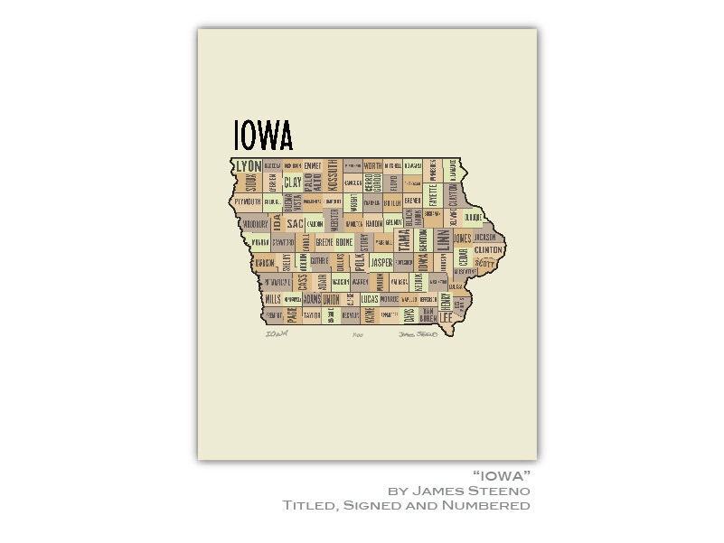 Iowa State Typography County Map Art Print by James Steeno | Etsy