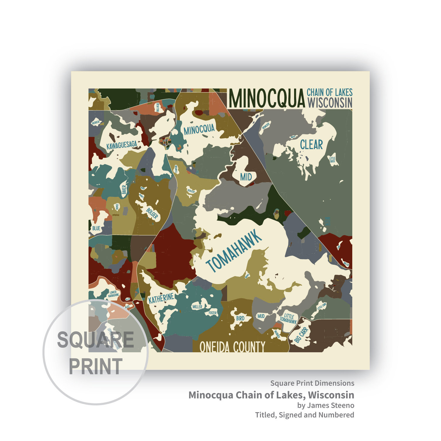 Minocqua Chain of Lakes Wisconsin Art Map Print Oneida | Etsy