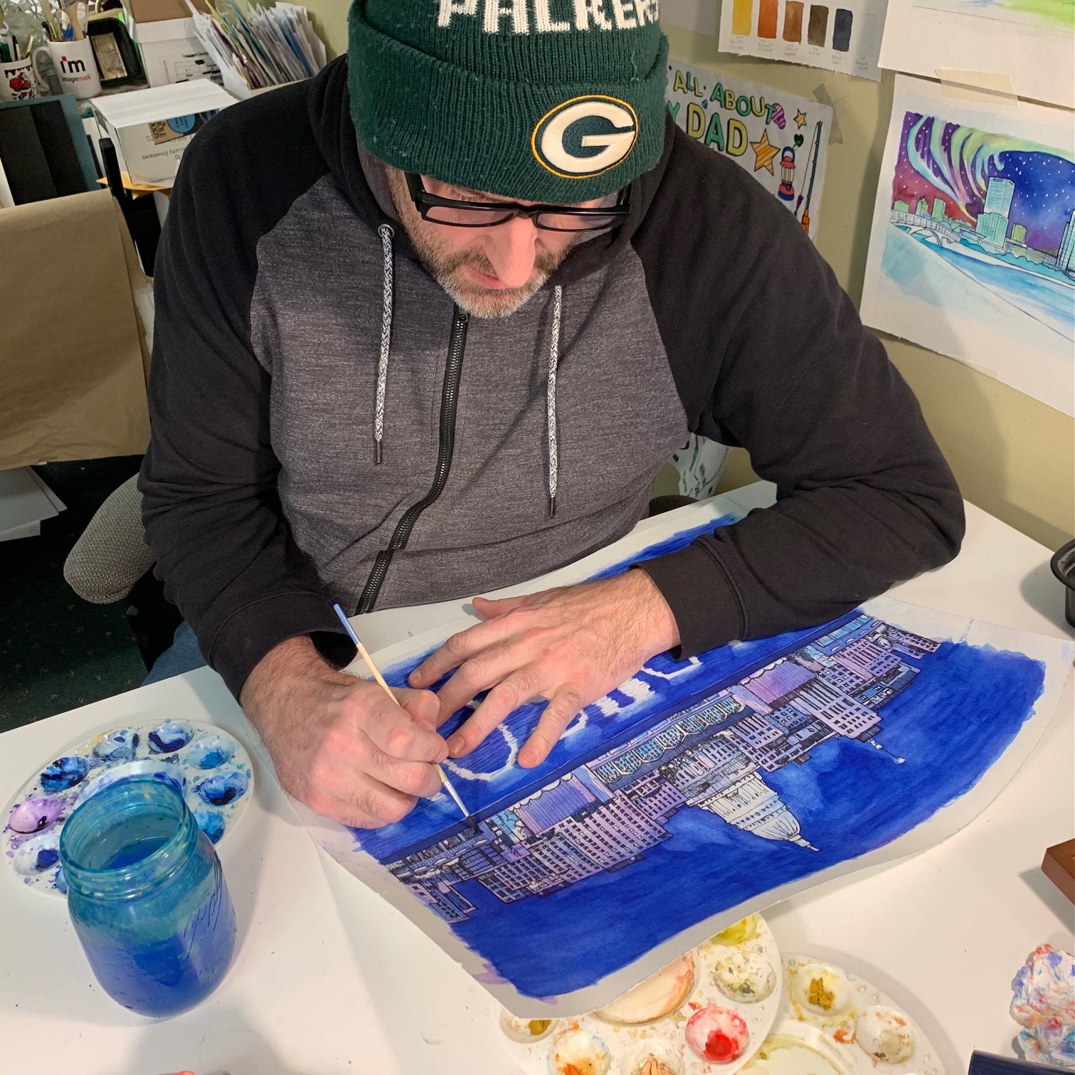 Madison Wisconsin Night Skyline Pen Ink and Watercolor Art | Etsy