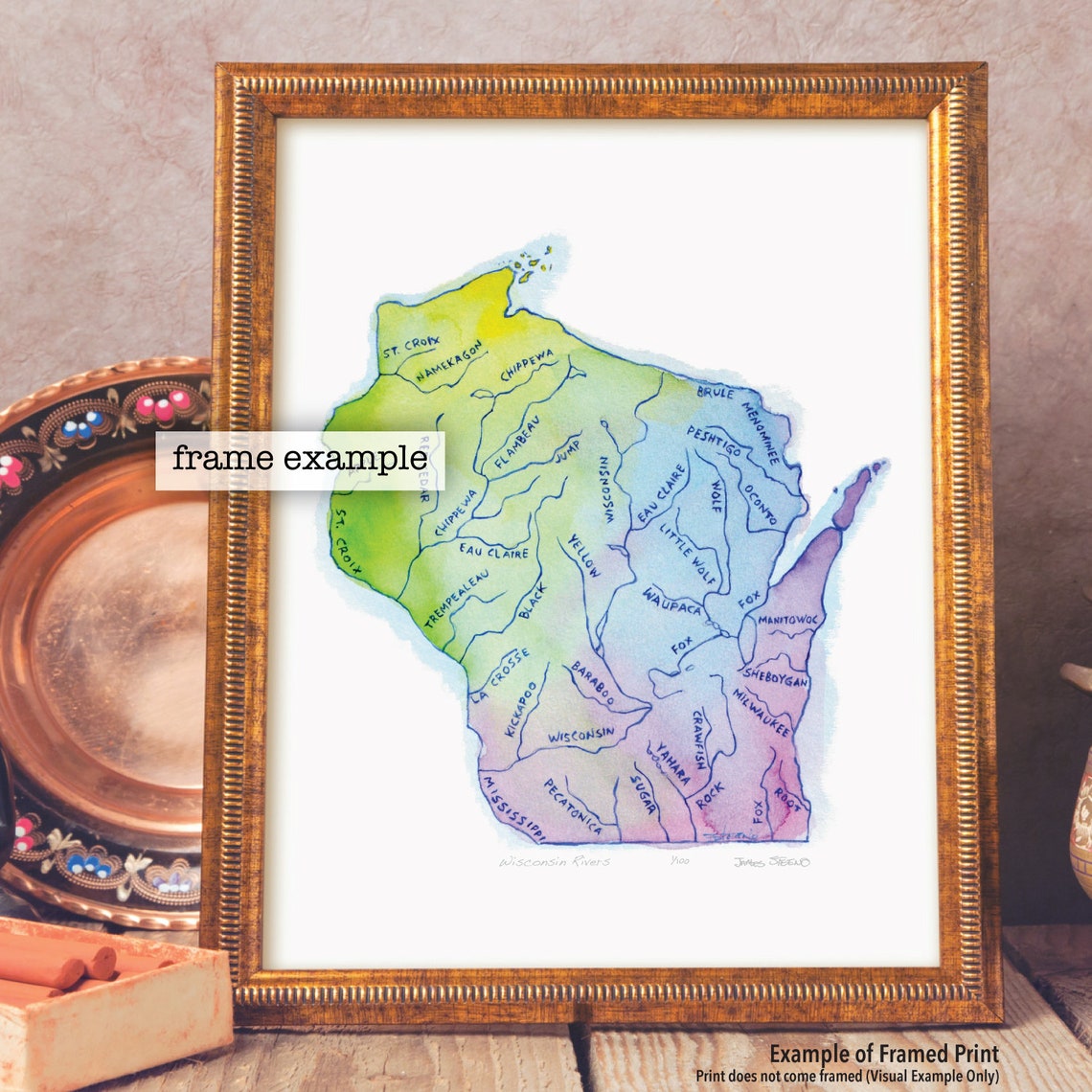Wisconsin Rivers Watercolor Map Art Print by James Steeno | Etsy