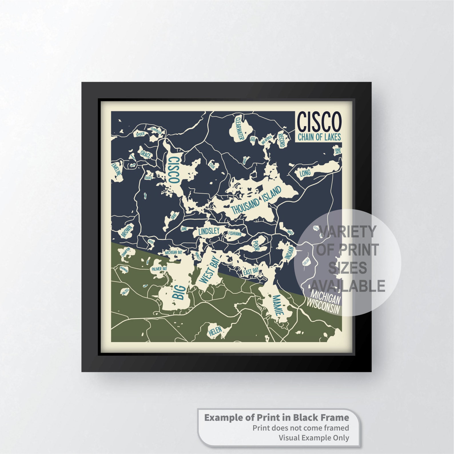 Cisco Chain of Lakes Wisconsin Michigan Art Map Print by - Etsy