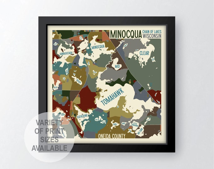 Minocqua Chain of Lakes Wisconsin Art Map Print oneida - Etsy
