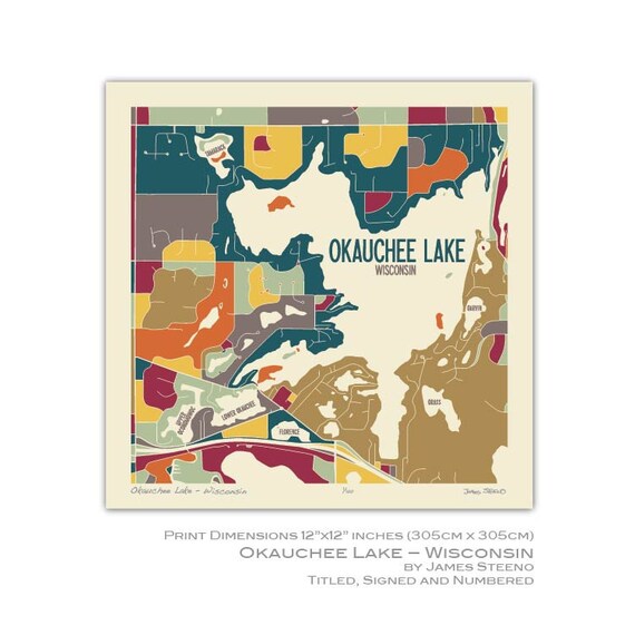 Okauchee Lake Wisconsin Art Map Print waukesha County Lake | Etsy