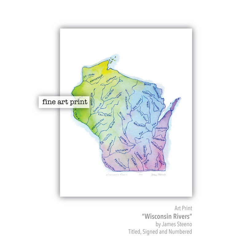 Wisconsin Rivers Watercolor Map Art Print by James Steeno St. Croix ...