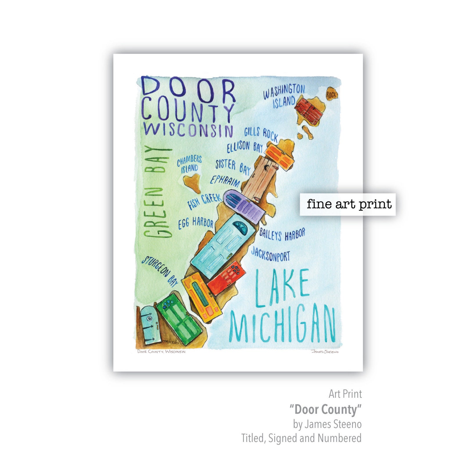 Door County Wisconsin Watercolor Fun Map Art Print by James - Etsy