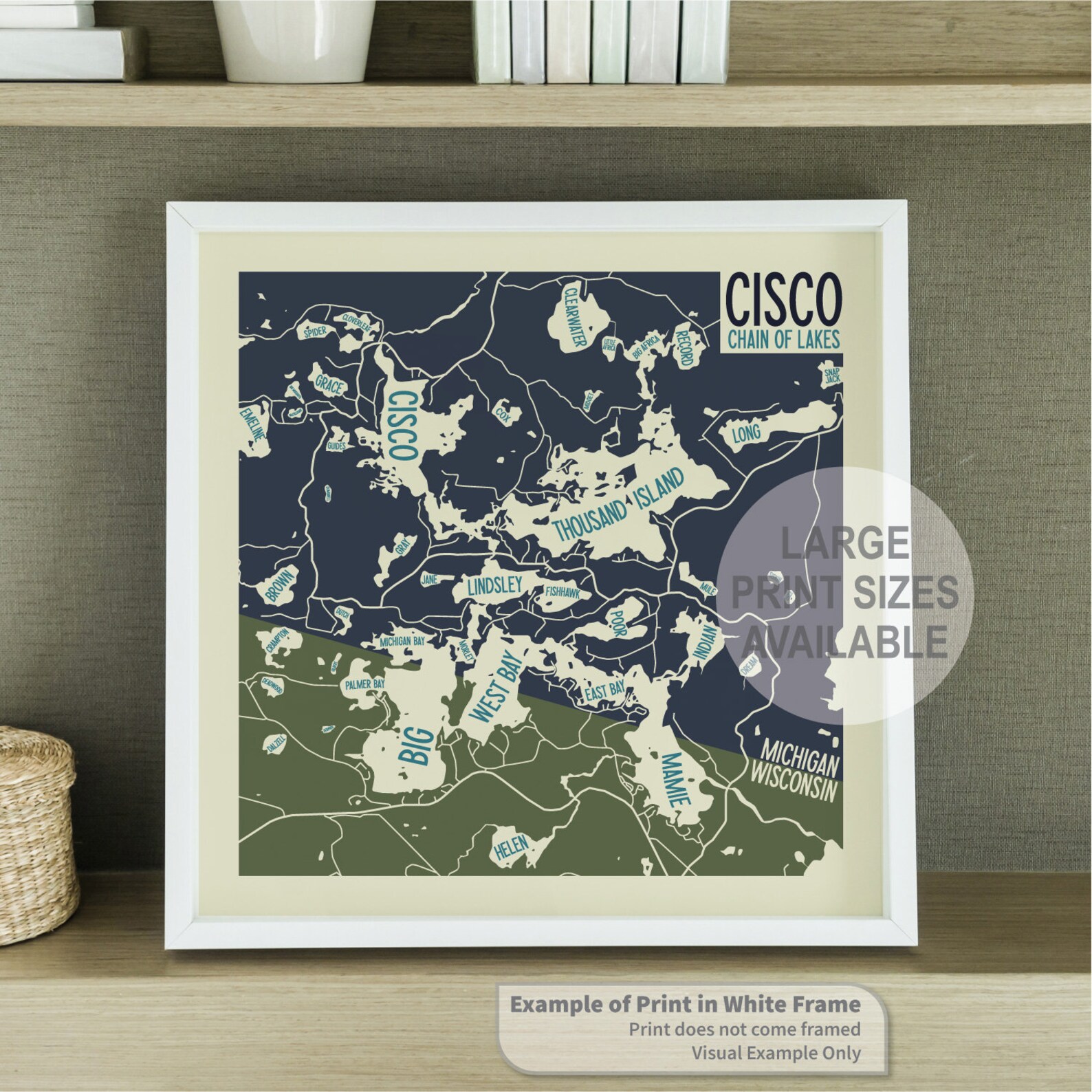 Cisco Chain of Lakes Wisconsin Michigan Art Map Print by - Etsy
