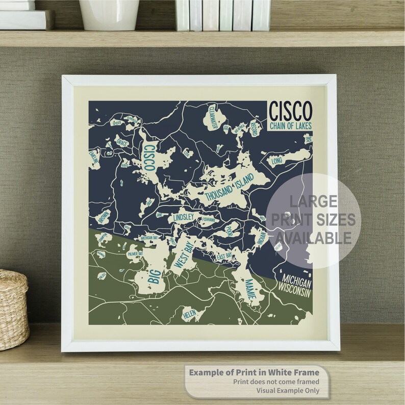 Cisco Chain of Lakes Wisconsin Michigan Art Map Print by - Etsy