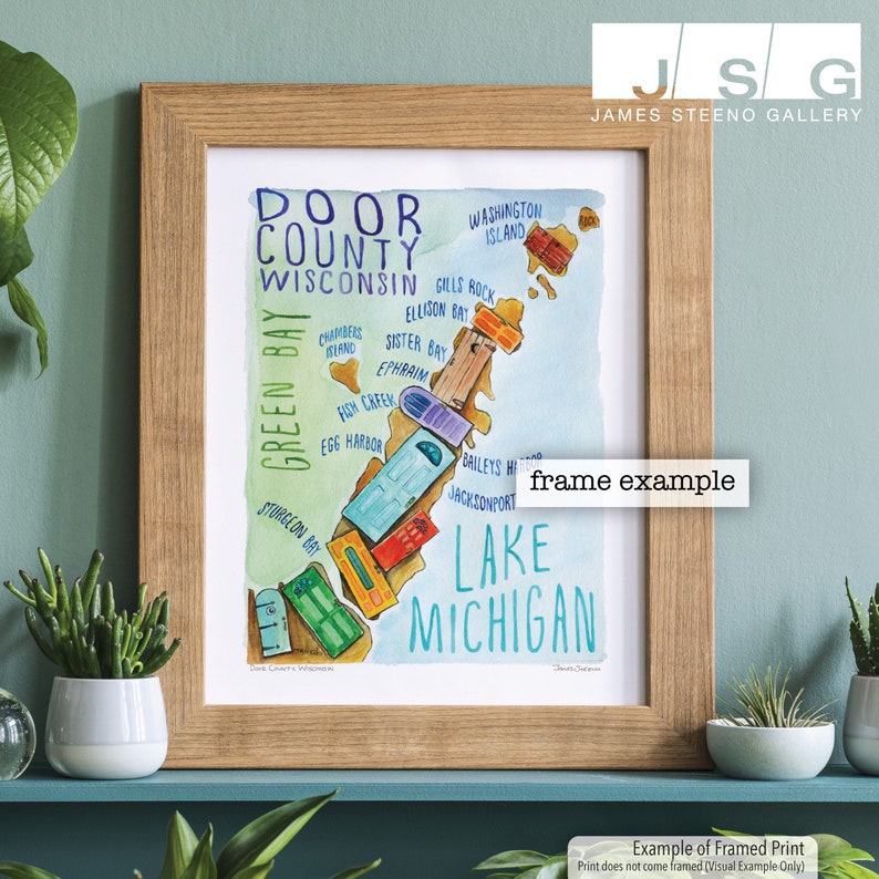 Door County Wisconsin Watercolor Fun Map Art Print by James Steeno ...