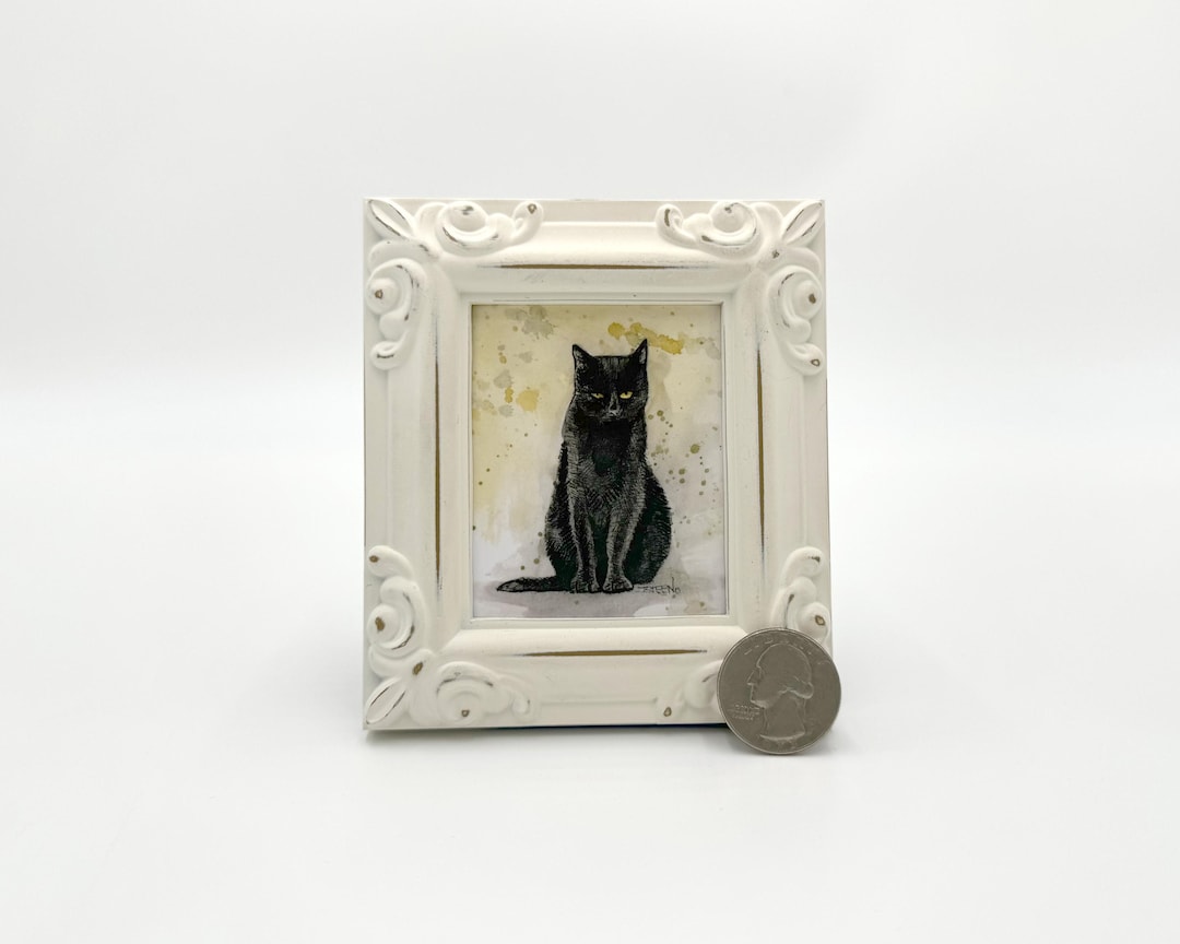 Sitting Black Cat Framed Miniature Watercolor Art Print by James Steeno ...