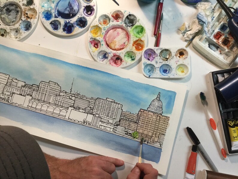 Madison Wisconsin Skyline No 3 lake Monona View Pen Ink and | Etsy