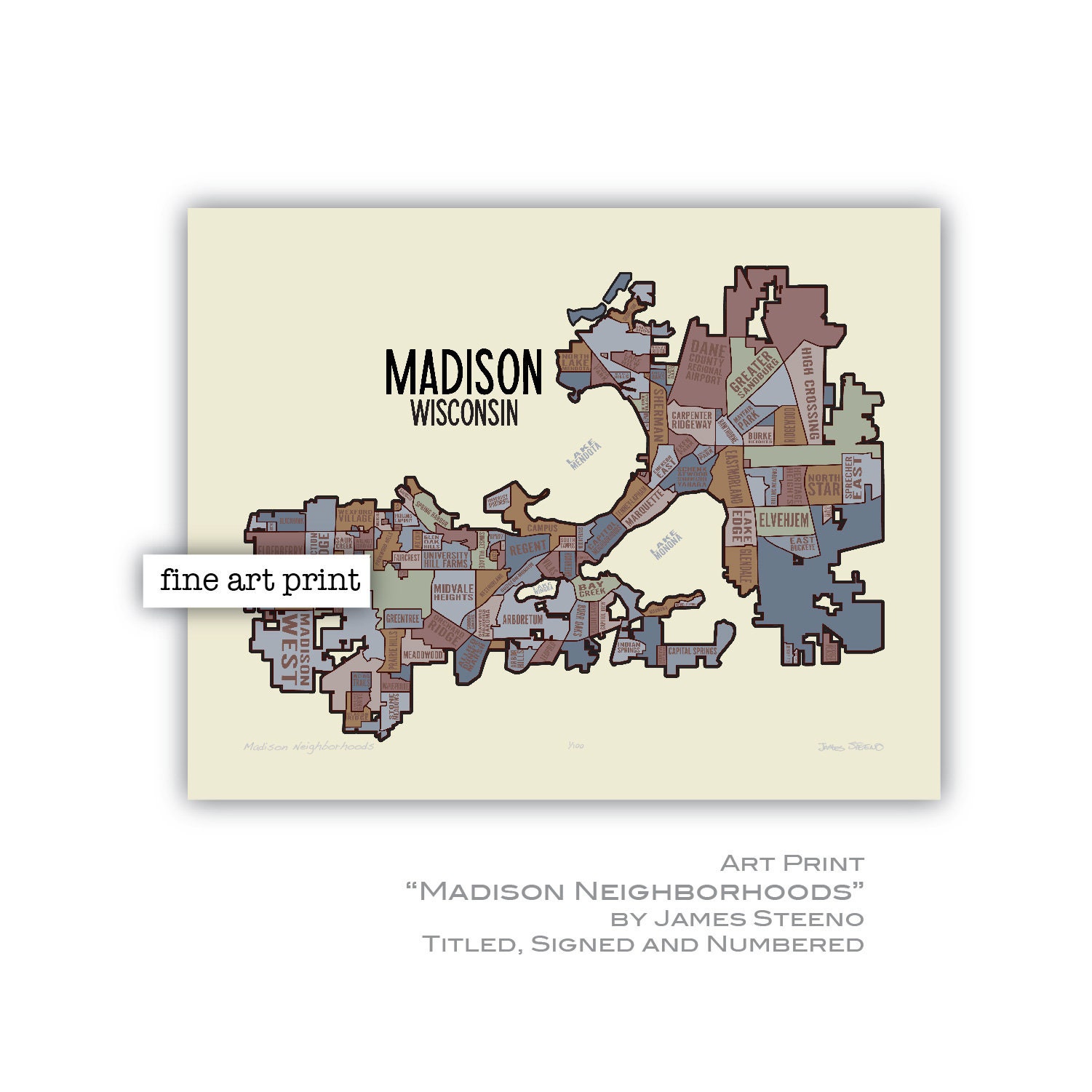 Madison Wisconsin Neighborhoods Typography Map Art Print by James ...