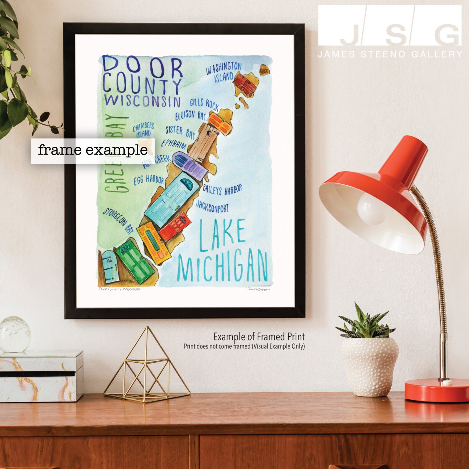 Door County Wisconsin Watercolor Fun Map Art Print by James Steeno ...