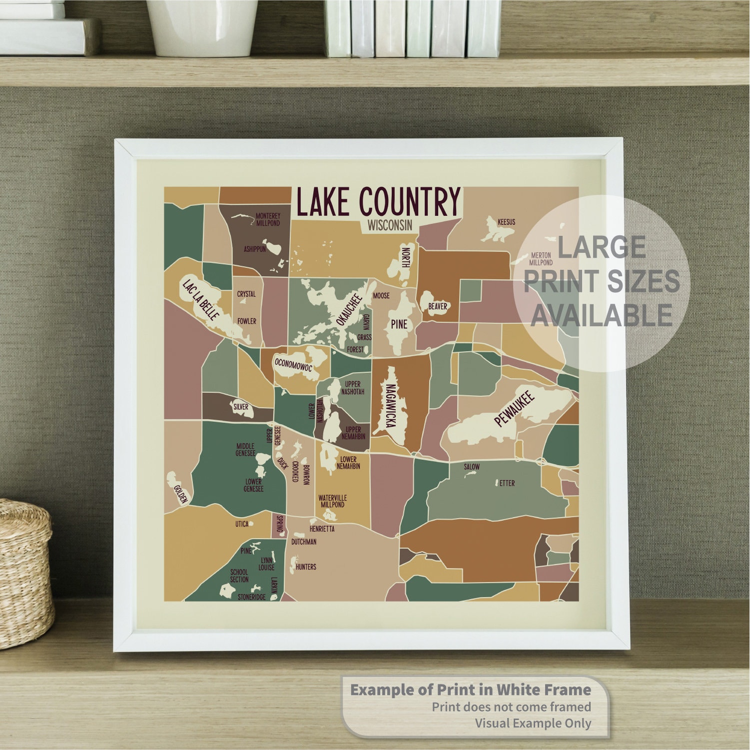 Lake Country Wisconsin Art Map Print waukesha County by - Etsy