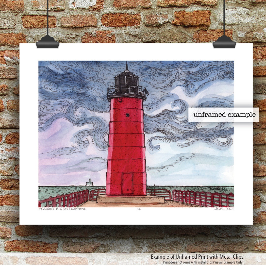 Milwaukee Pierhead Lighthouse Pen, Ink and Watercolor Art Print by ...