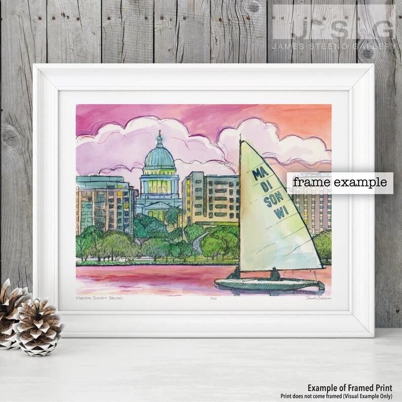 Madison Sunset Sailing Wisconsin Skyline Pen, Ink and Watercolor Art ...