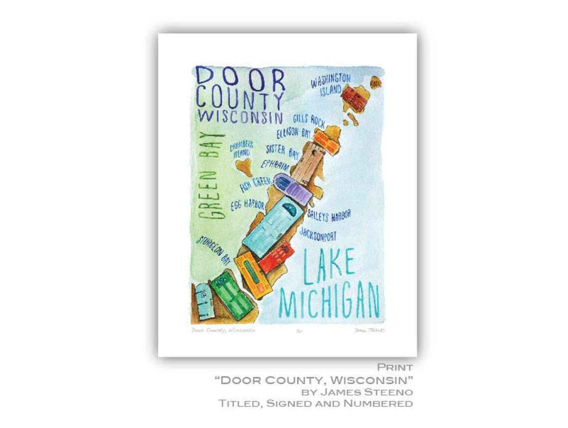 Door County Wisconsin Watercolor Fun Map Art Print by James - Etsy