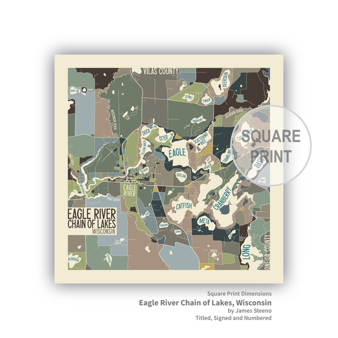 Eagle River Chain of Lakes Wisconsin Art Map Print vilas - Etsy