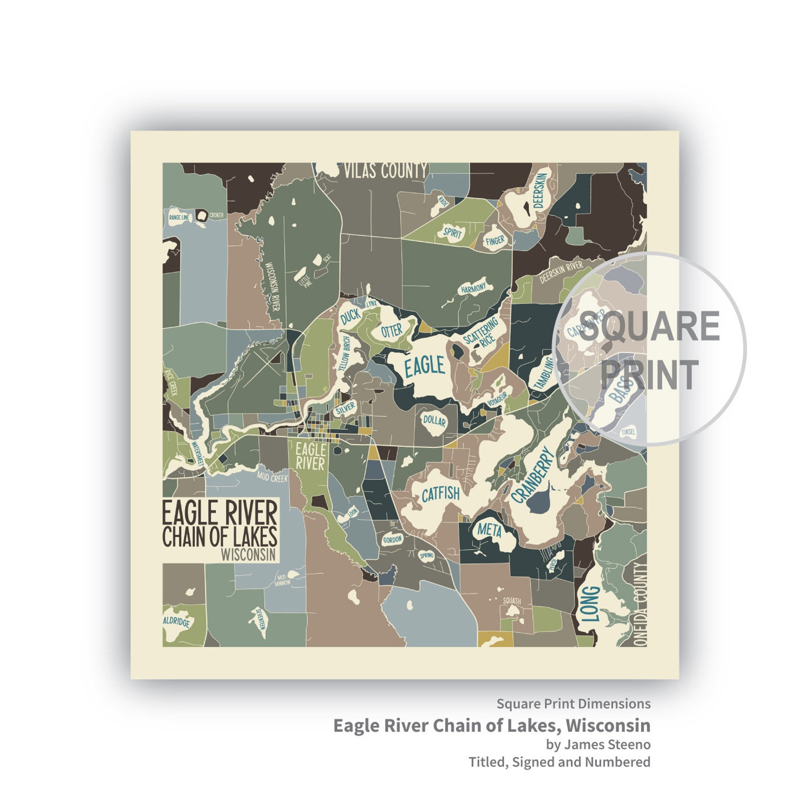 Eagle River Chain of Lakes Wisconsin Art Map Print vilas - Etsy