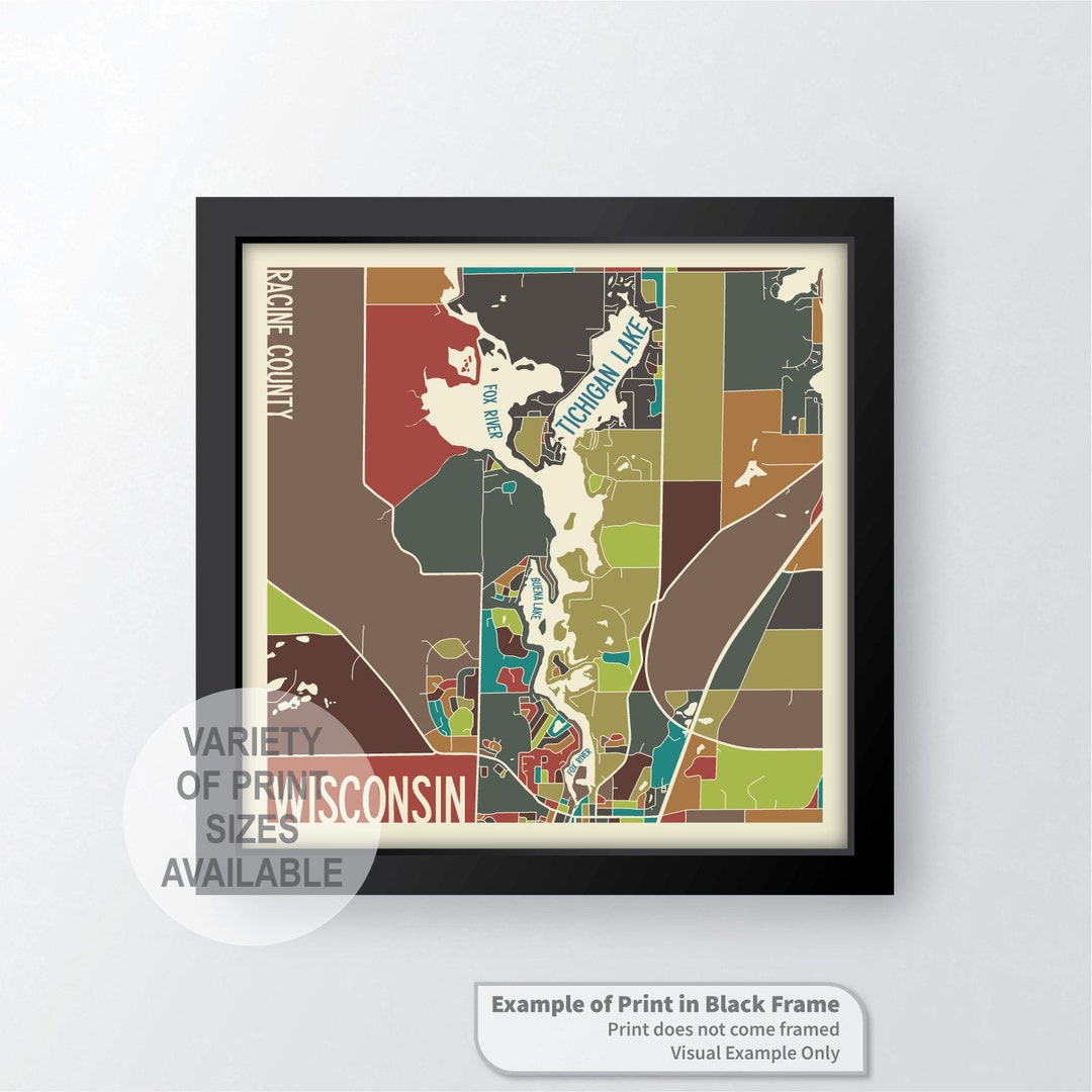 Tichigan Lake, Buena Lake, Fox River Wisconsin Art Map Print (racine ...