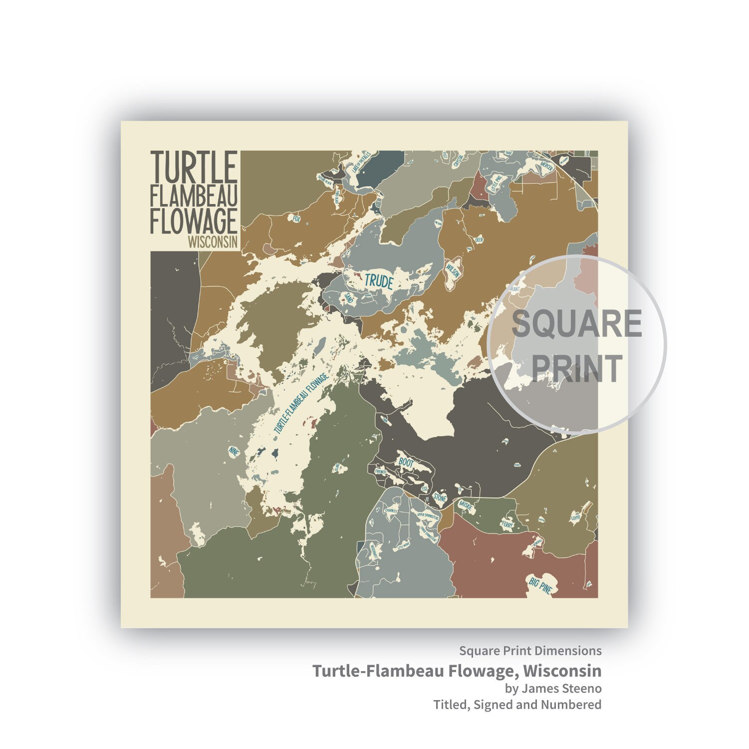 Turtle Flambeau Flowage Wisconsin Art Map Print by James Steeno (iron ...