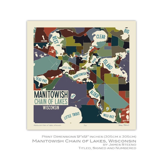 Manitowish Chain of Lakes Wisconsin Art Map Print vilas | Etsy