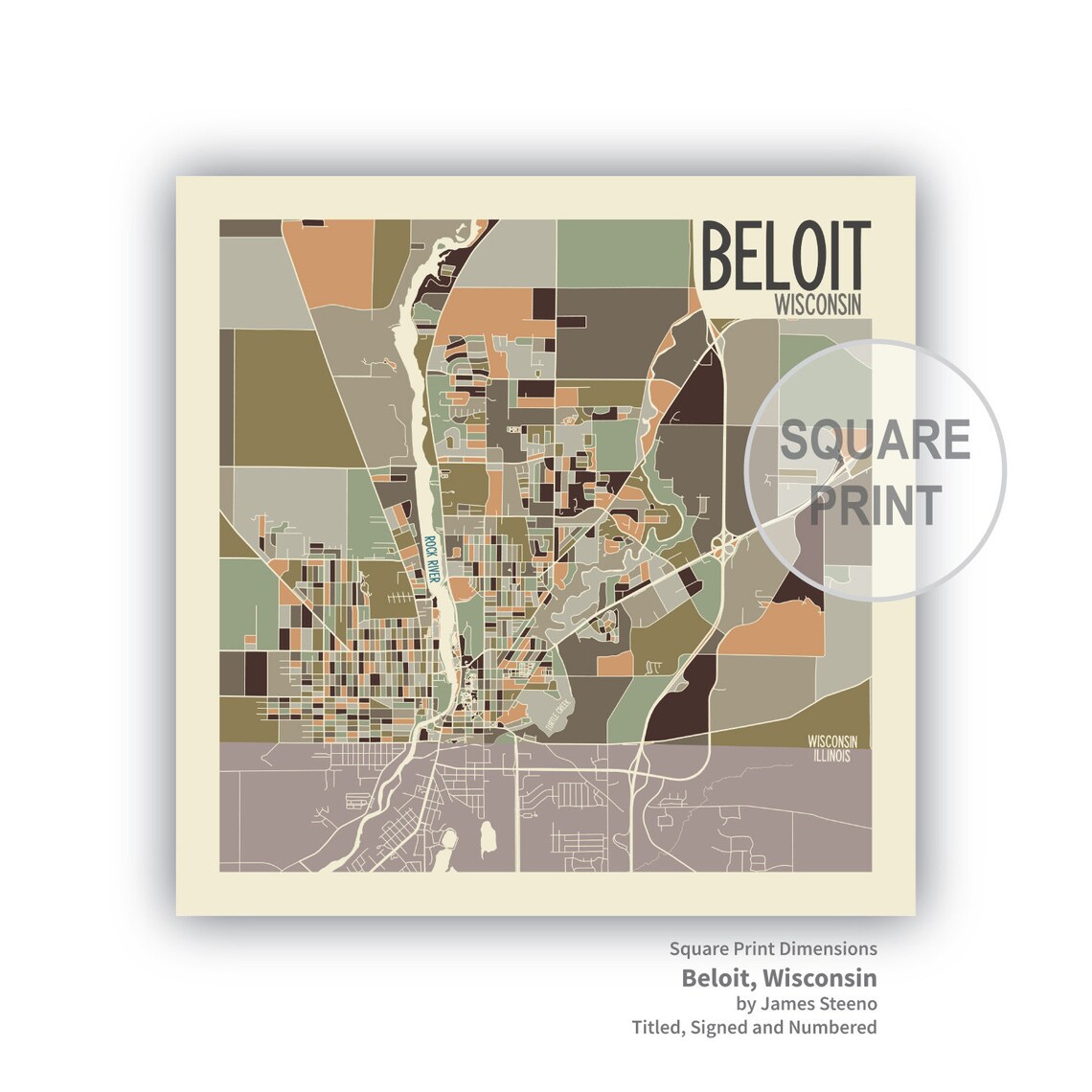 Beloit Wisconsin Art Map Print Rock County by James Steeno | Etsy