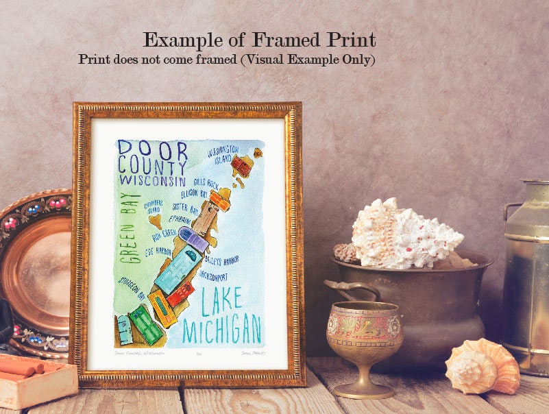 Door County Wisconsin Watercolor Fun Map Art Print by James | Etsy