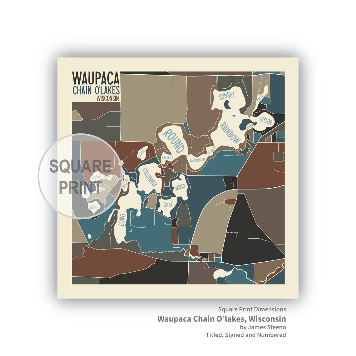 Waupaca Chain O'lakes, Wisconsin Art Map Print by James Steeno - Etsy