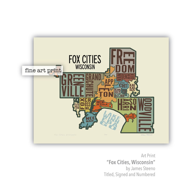 Fox Cities Wisconsin Typography Map Art Print by James Steeno (fox ...