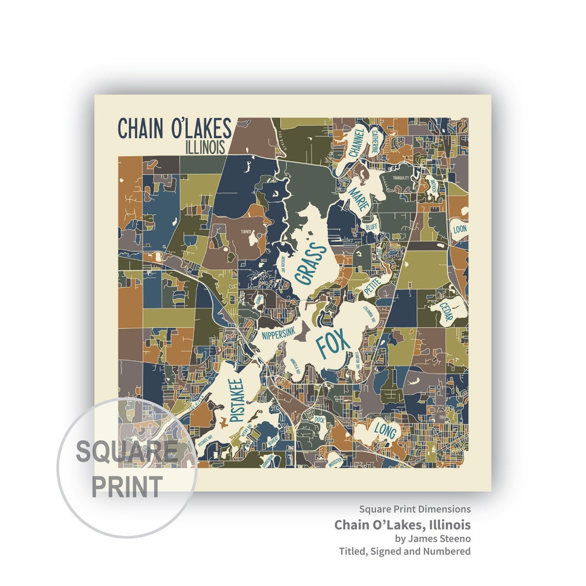 Chain O'lakes Illinois Art Map Print by James Steeno Fox | Etsy