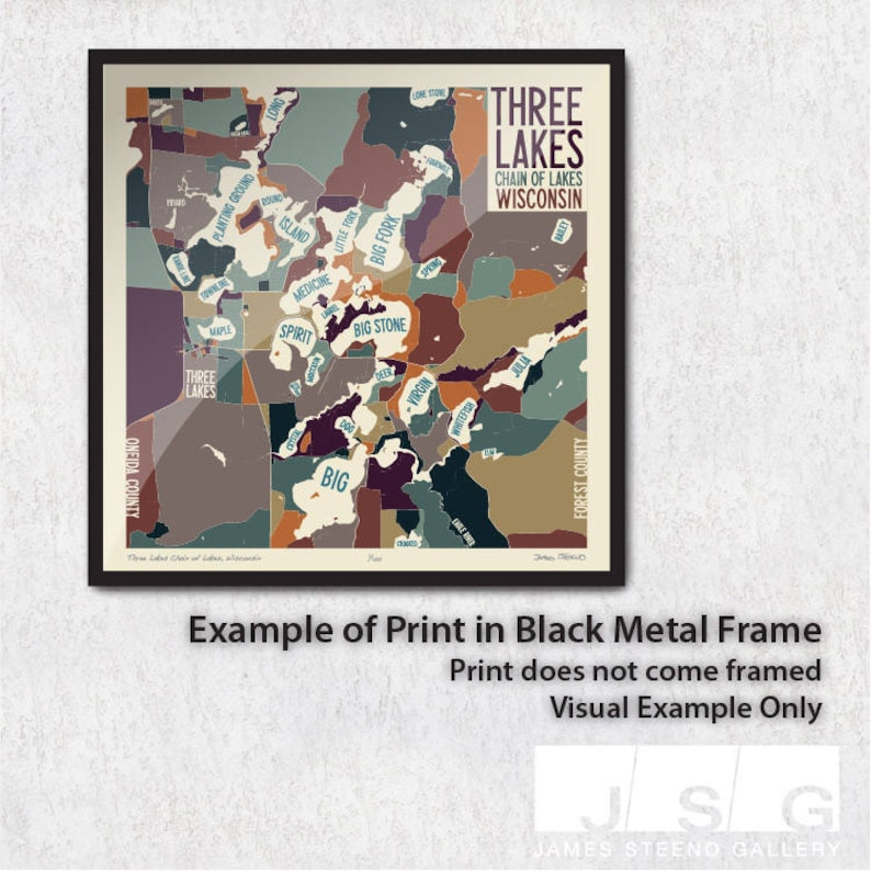 Three Lakes Chain of Lakes Wisconsin Art Map Print oneida - Etsy