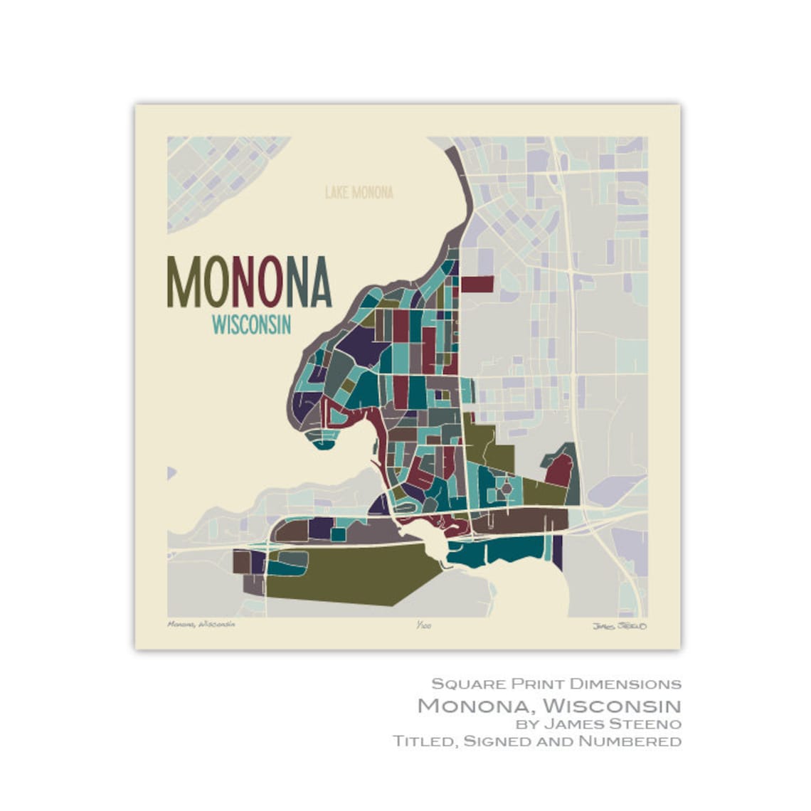 Monona Wisconsin dane County Art Map Print by James Steeno - Etsy