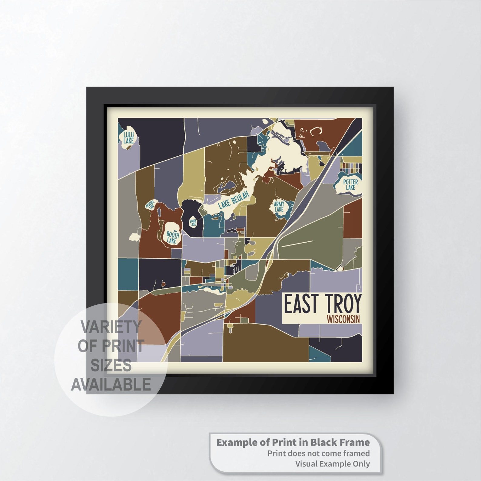 East Troy Wisconsin Art Map Print walworth County Lake - Etsy