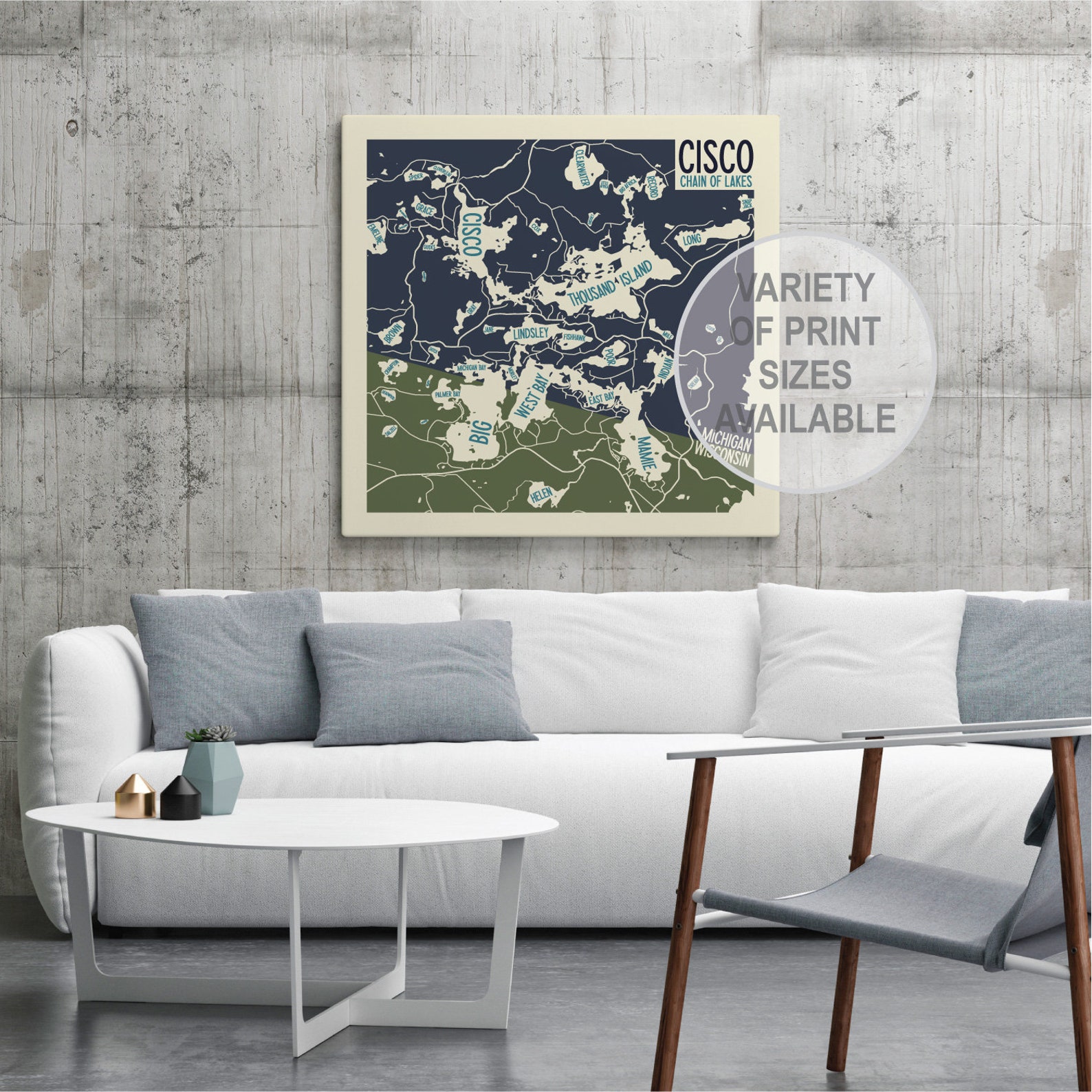 Cisco Chain of Lakes Wisconsin Michigan Art Map Print by | Etsy