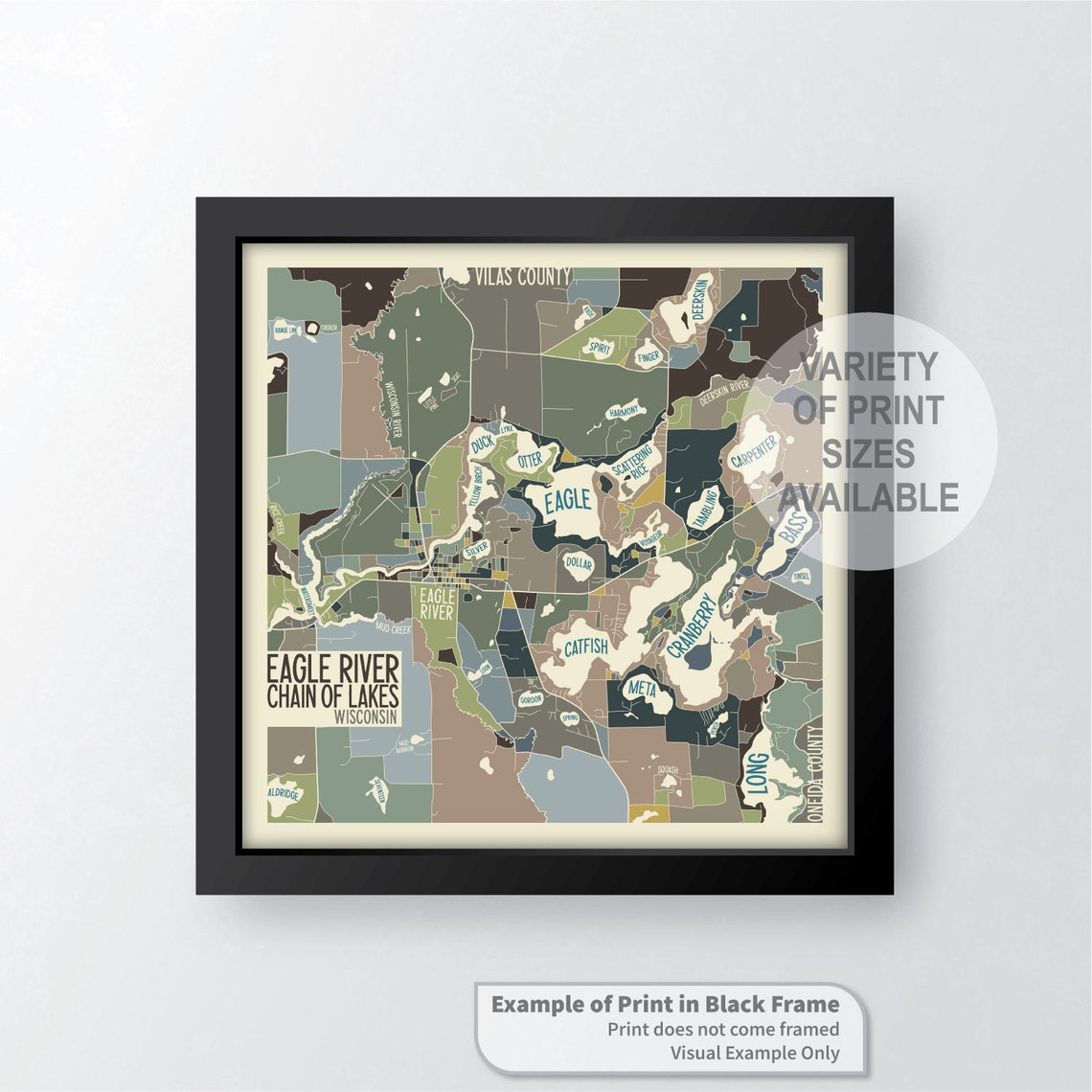 Eagle River Chain of Lakes Wisconsin Art Map Print vilas - Etsy