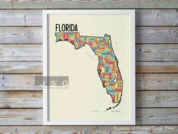 Florida State Typography County Map Art Print by James Steeno - Etsy