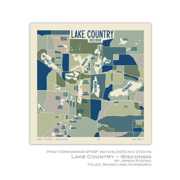 Lake Country Wisconsin Art Map Print Waukesha County by | Etsy