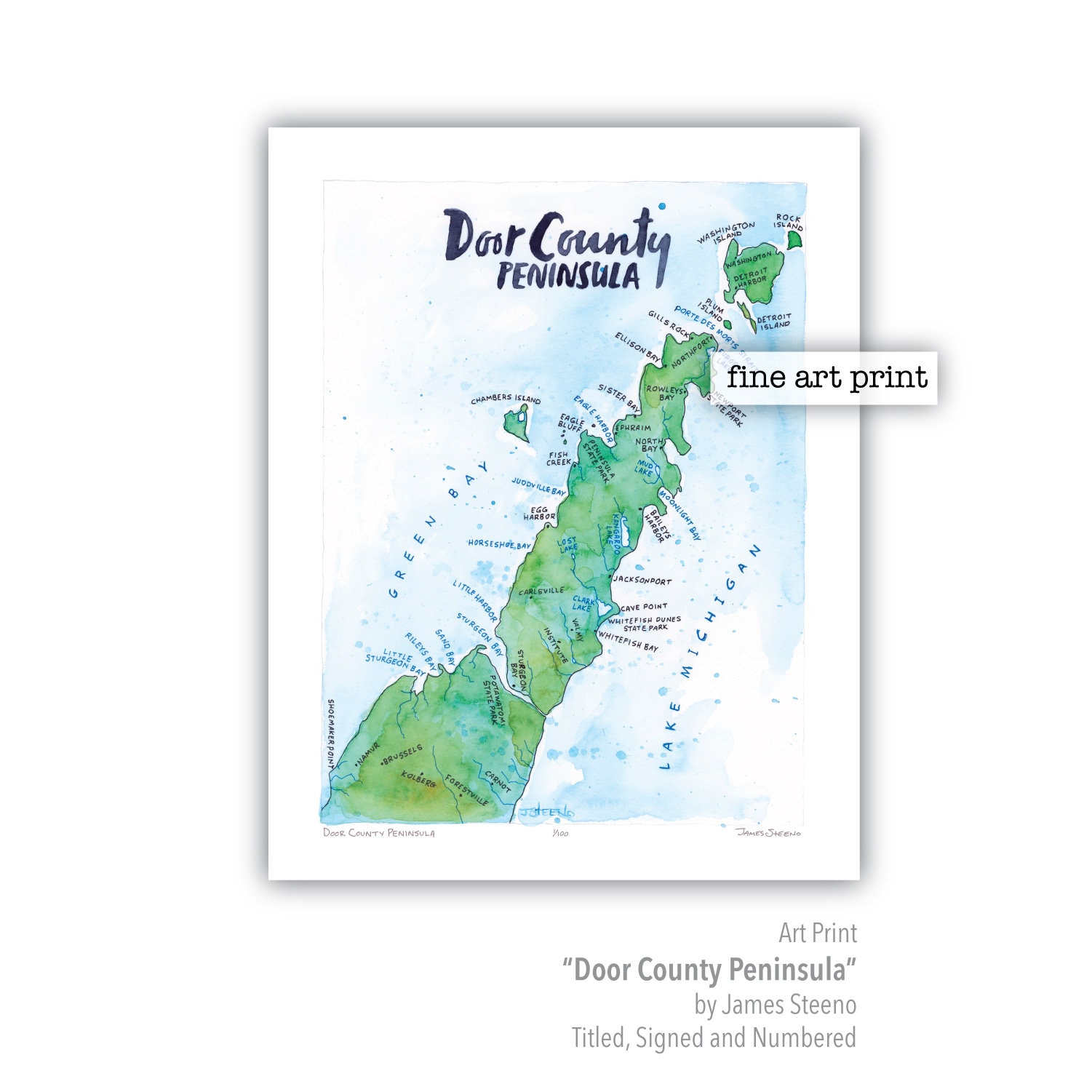Door County Peninsula Wisconsin Watercolor Map Art Print by James ...