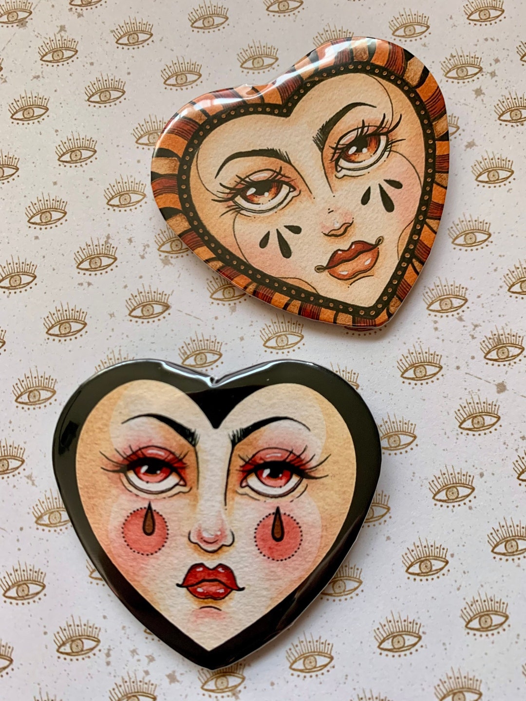 Heart Shaped Pin, Crying Heart Buttons, Pin Back Buttons, Watercolor ...