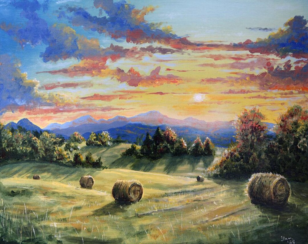 Hayfield at Sunset - Original Painting 16x20 - Etsy