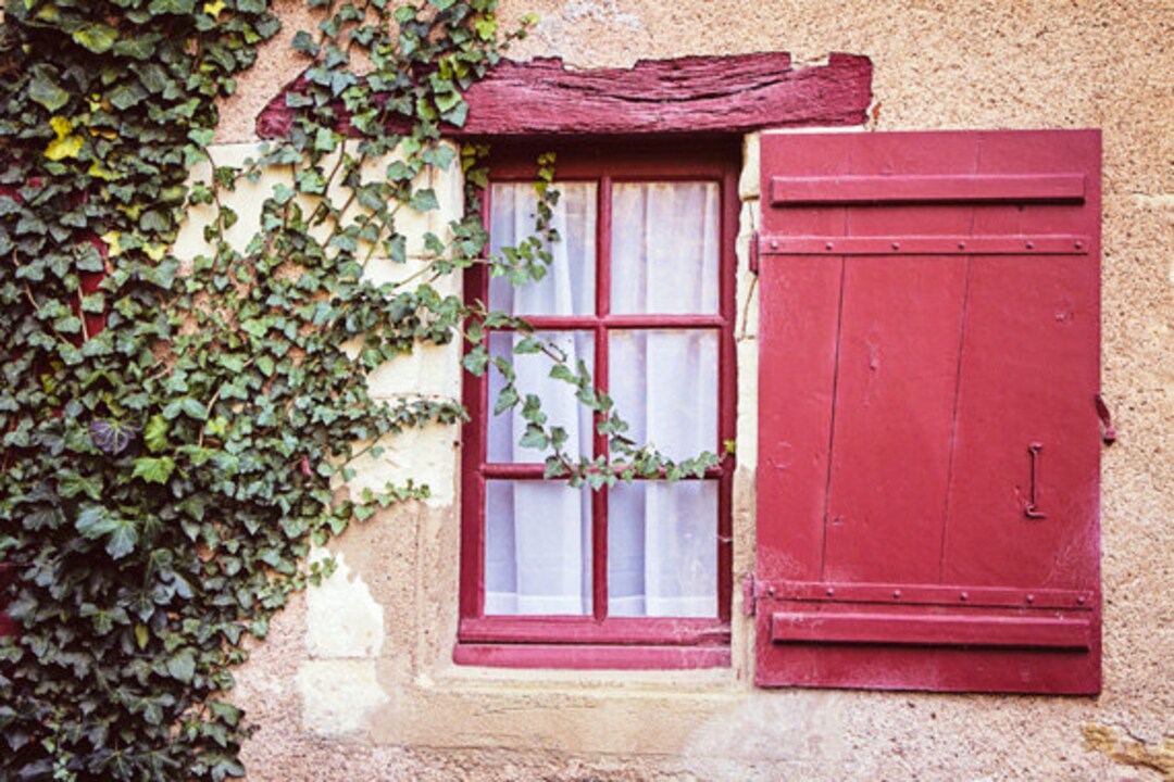 French Country Rustic Window, Green Ivy Red Shutter Window, Fine Art ...
