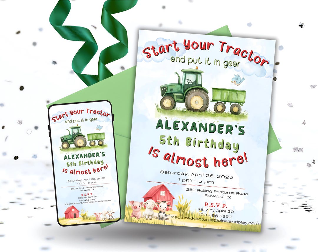 Green Tractor Farm Birthday Invitation, Farm Tractor Party Template ...