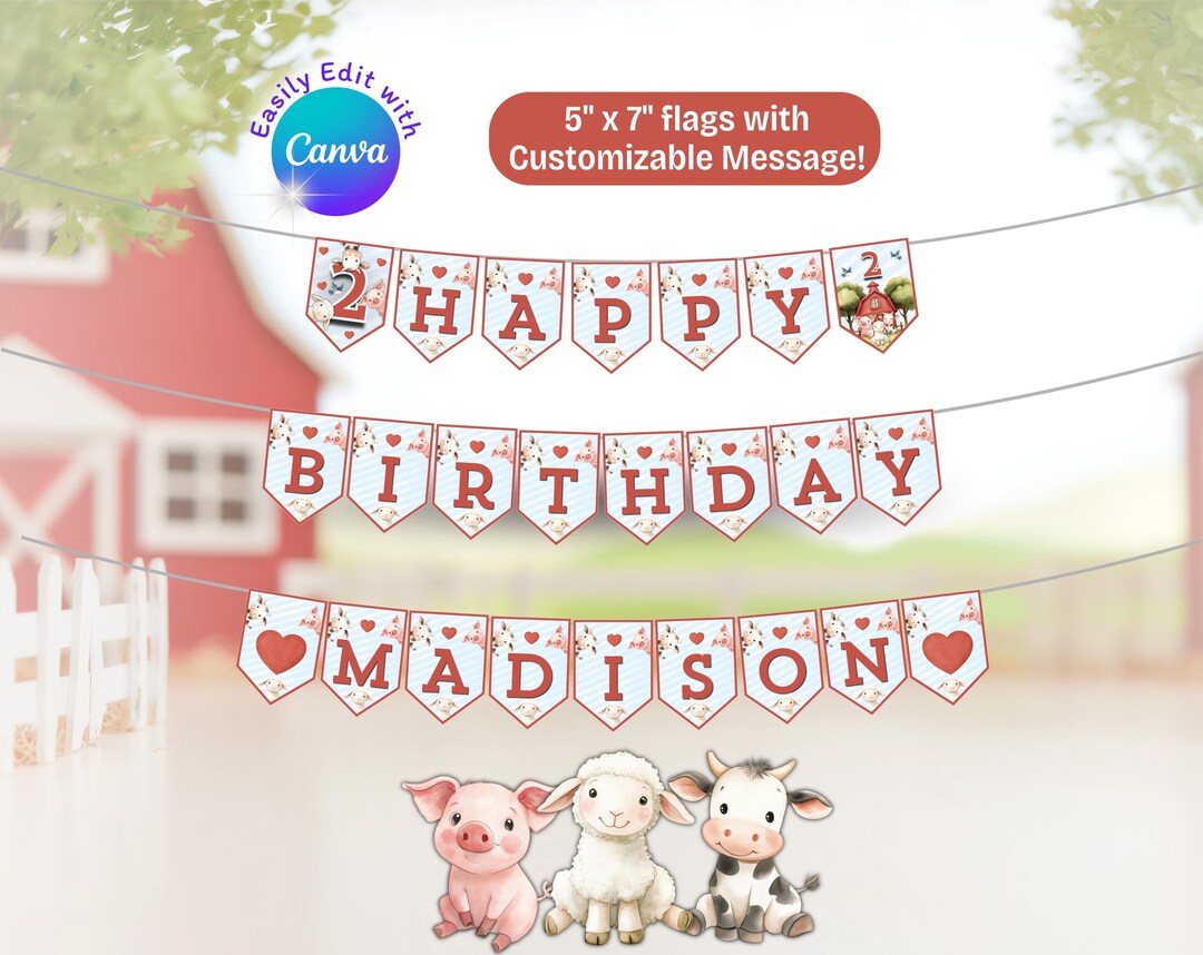 Farm Birthday Banner, Oink Baa Moo Barnyard Animals Party Bunting Decor ...