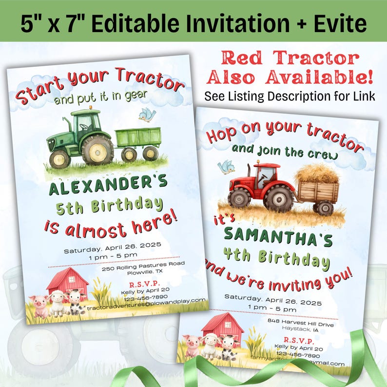 Green Tractor Farm Birthday Invitation, Farm Tractor Party Template ...