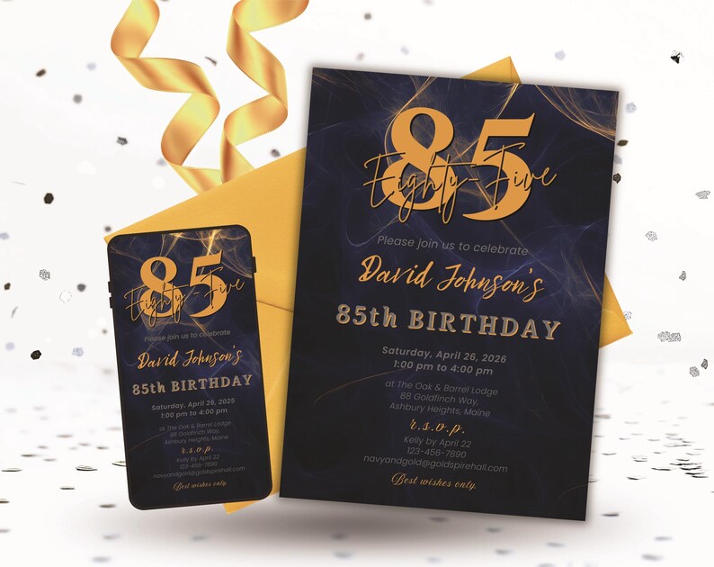 85th Birthday Invitation, Elegant Navy and Gold Invite, Men or Women ...