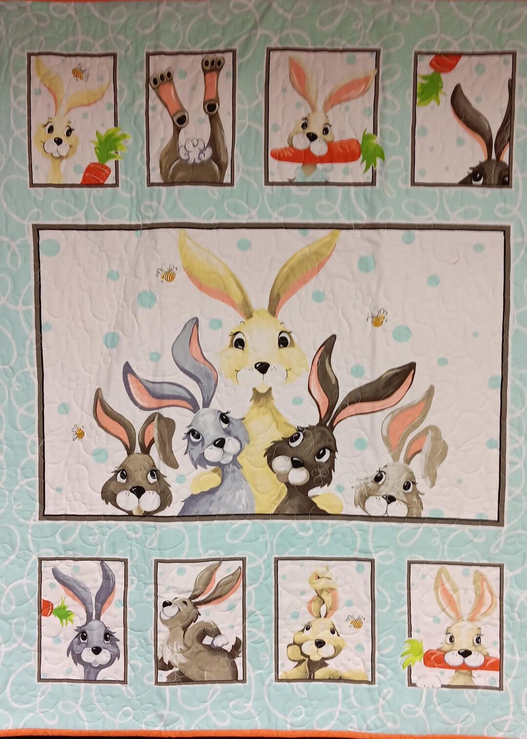Happy Bunnies Baby Quilt, Crib Quilt, Wall Hanging, Infant Quilted Mat ...