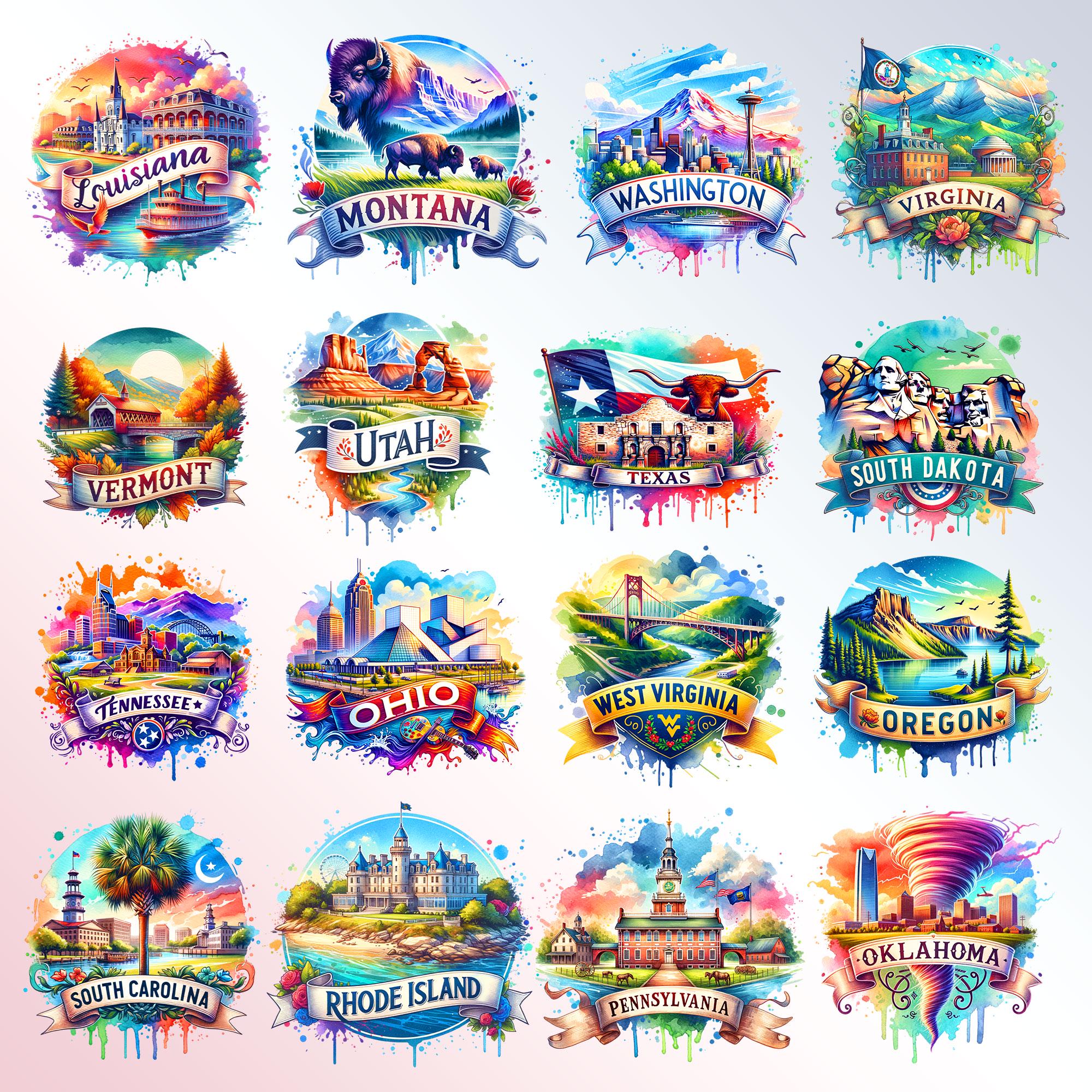 50 States PNG – Retro USA Travel Clipart Bundle, Vintage Landmark Map ...