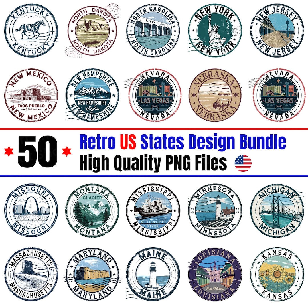 US States Travel Stamps PNG Bundle: Vintage Retro Designs (digital ...
