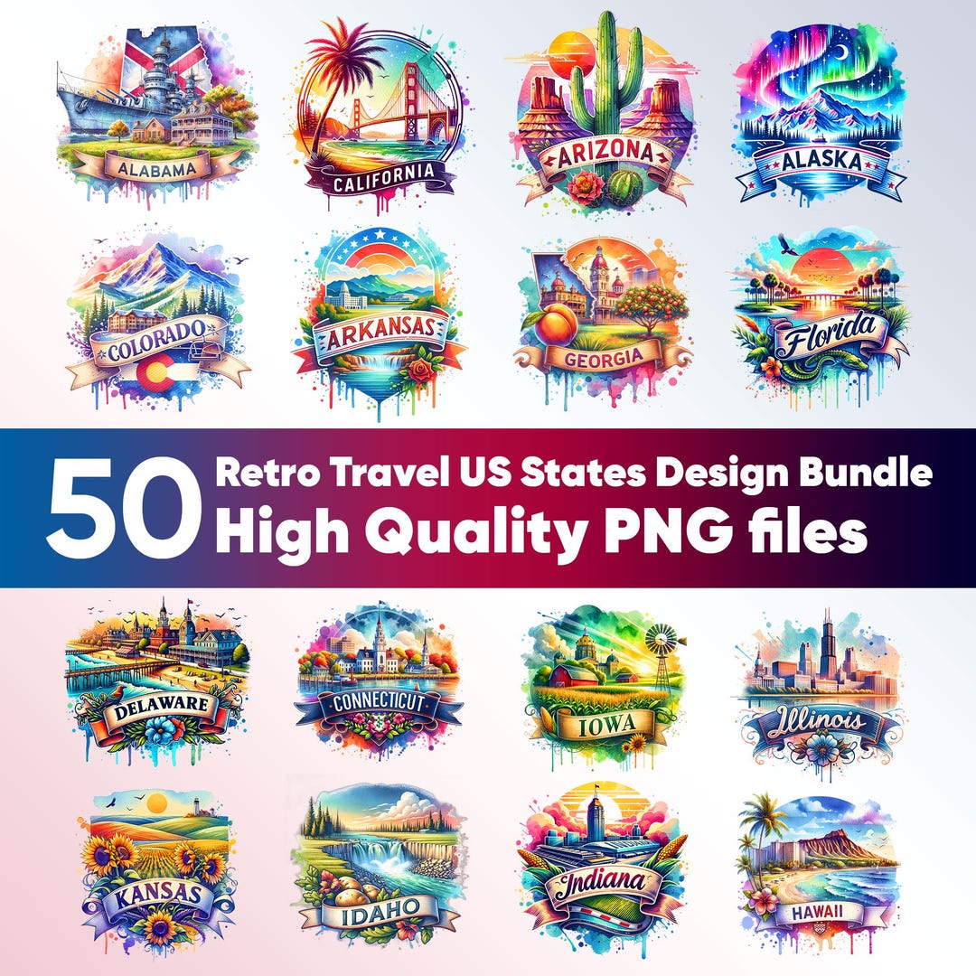50 States PNG – Retro USA Travel Clipart Bundle, Vintage Landmark Map ...
